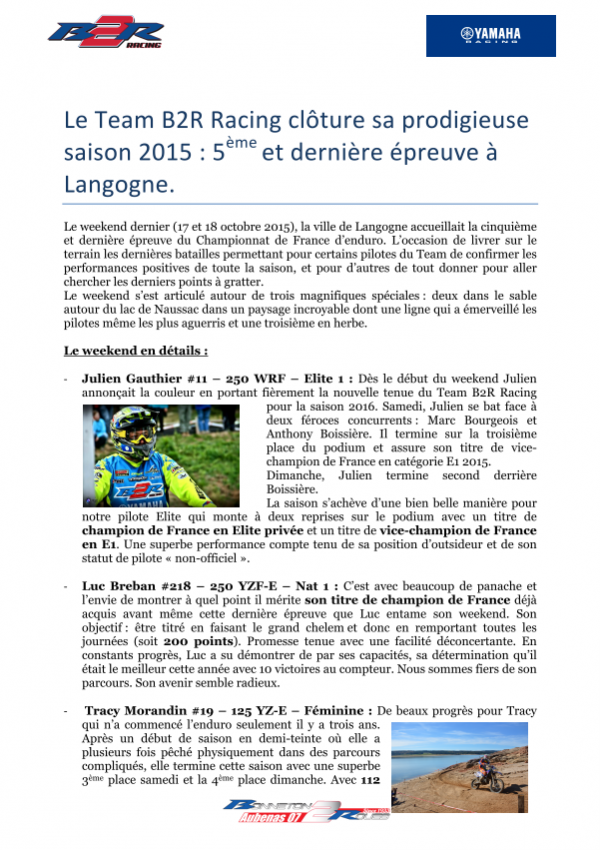 Communiqué du Team B2R Racing qui clôture sa saison